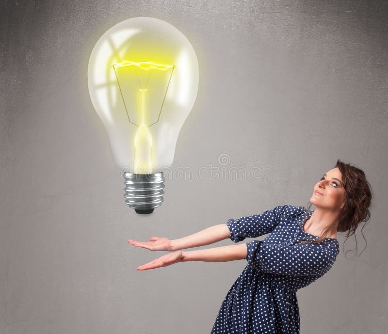 Beautiful Lady Holding Realistic 3d Light Bulb Stock Photo - Image of ...