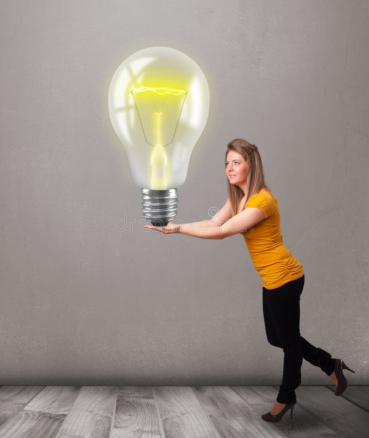 Beautiful Lady Holding Realistic 3d Light Bulb Stock Photo - Image of ...