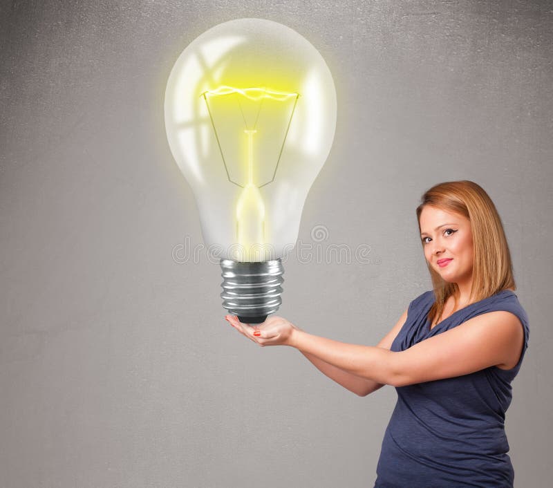 Beautiful Lady Holding Realistic 3d Light Bulb Stock Photo - Image of ...