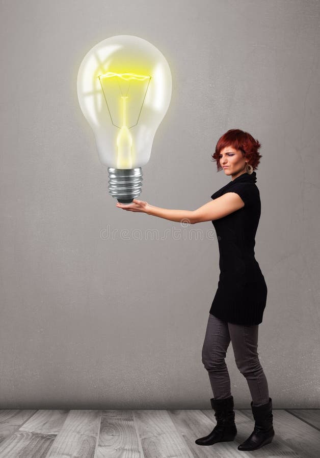 Beautiful Lady Holding Realistic 3d Light Bulb Stock Photo - Image of ...