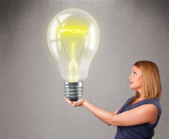 Beautiful Lady Holding Realistic 3d Light Bulb Stock Image - Image of ...
