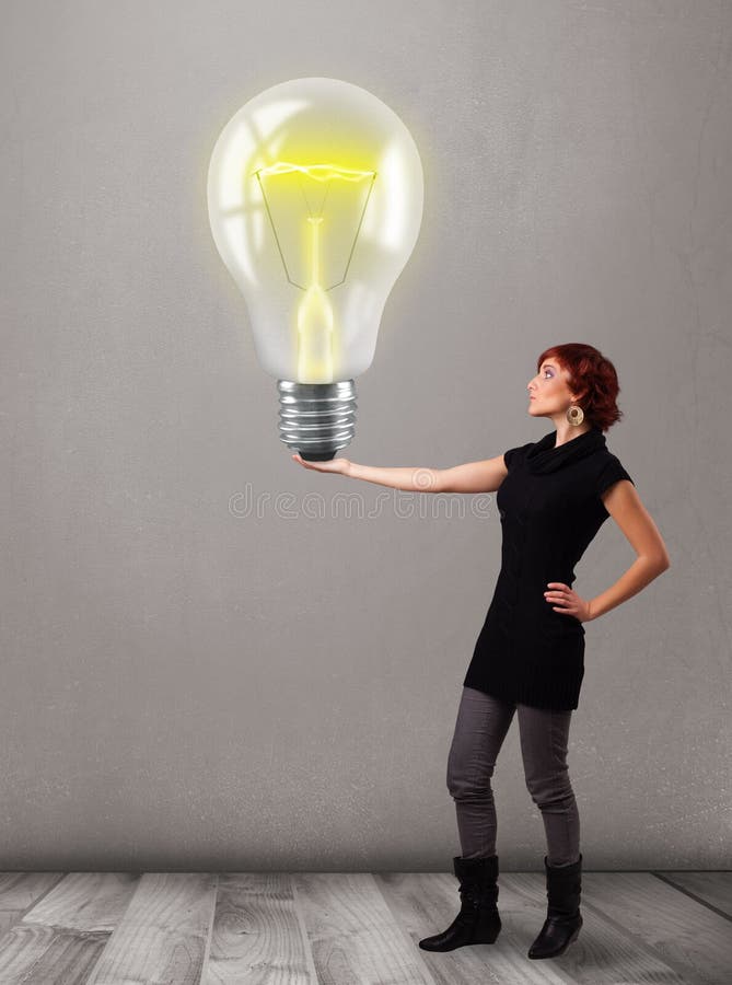 Beautiful Lady Holding Realistic 3d Light Bulb Stock Photo - Image of ...