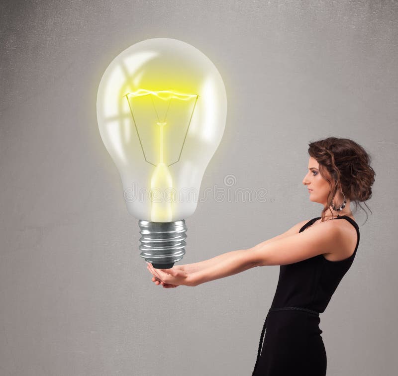 Beautiful Lady Holding Realistic 3d Light Bulb Stock Image - Image of ...