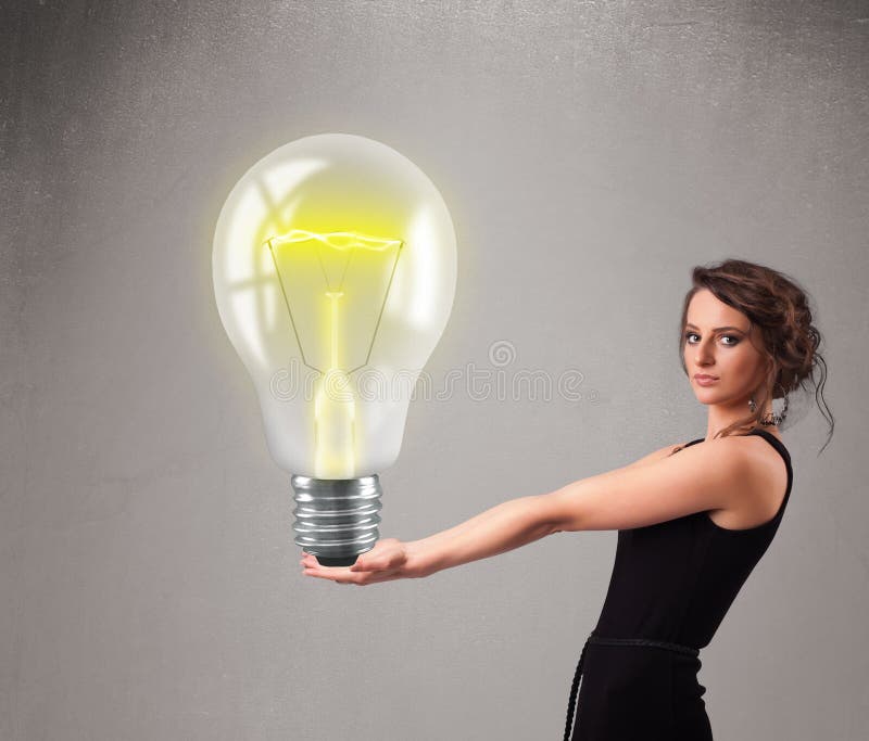 Beautiful Lady Holding Realistic 3d Light Bulb Stock Photo - Image of ...