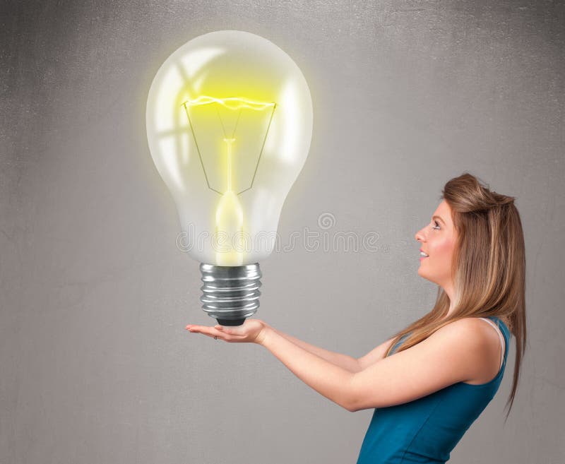 Beautiful Lady Holding Realistic 3d Light Bulb Stock Photo - Image of ...