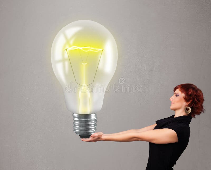 Beautiful Lady Holding Realistic 3d Light Bulb Stock Photo - Image of ...