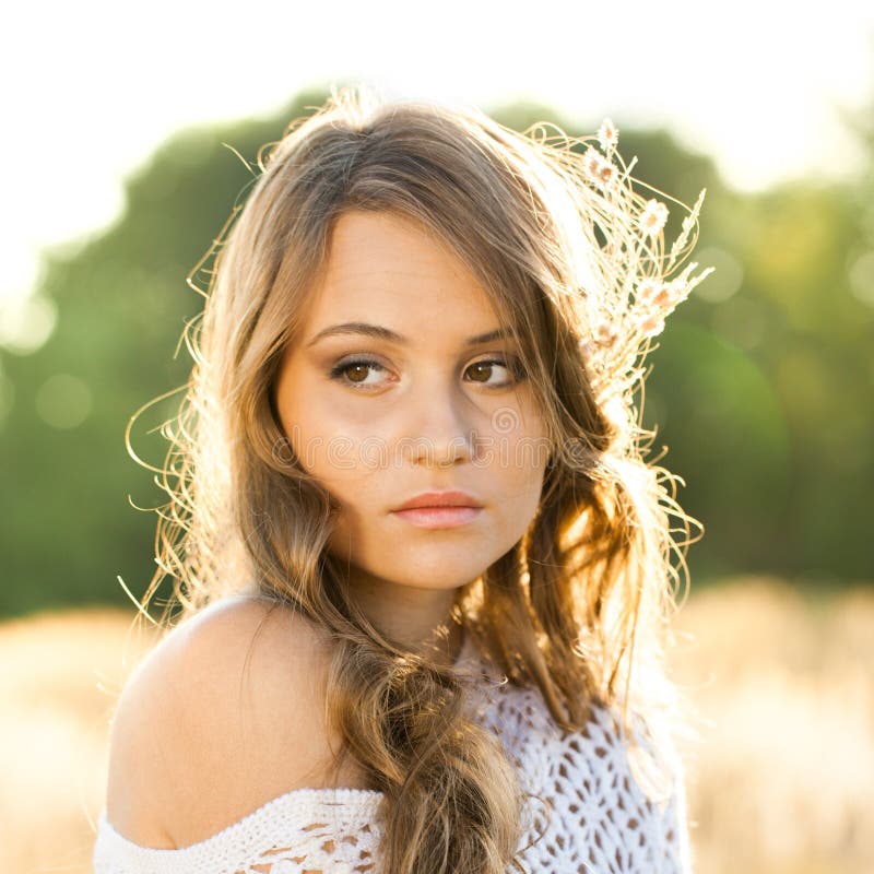 Beautiful Lady Model in Field at Sunrise - Outdoors Shot Stock Image ...