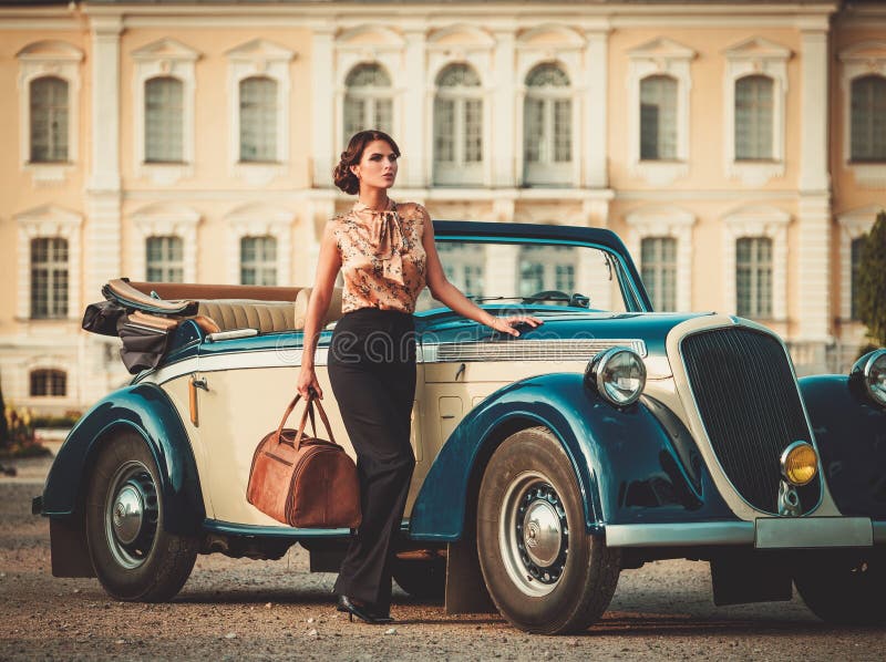 Beautiful Lady with Bag Near Classic Convertible Stock Image - Image of ...