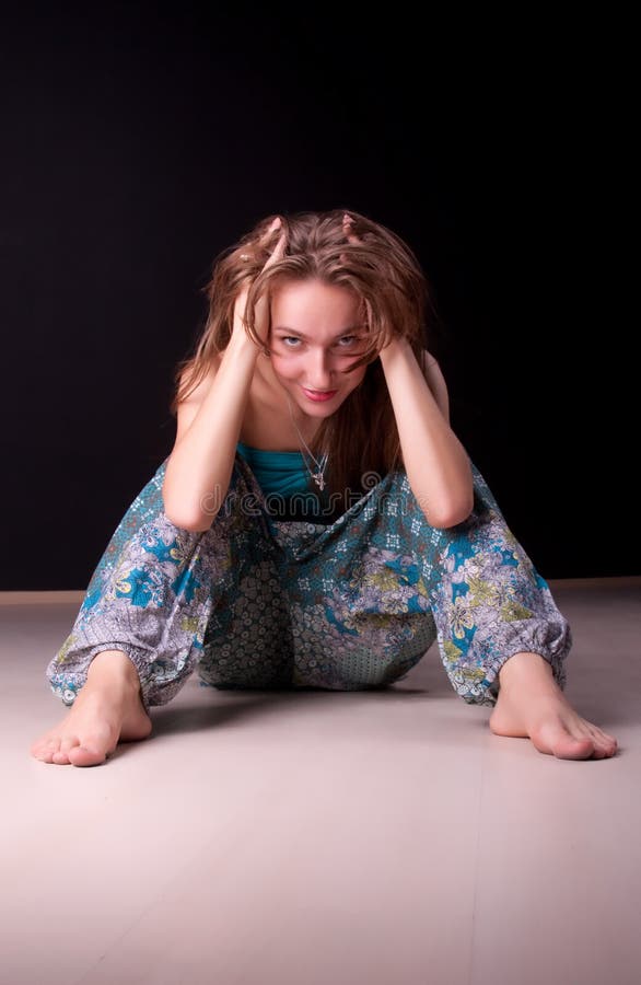 Beautiful Lady is Sitting on the Floor. Stock Image - Image of asia ...
