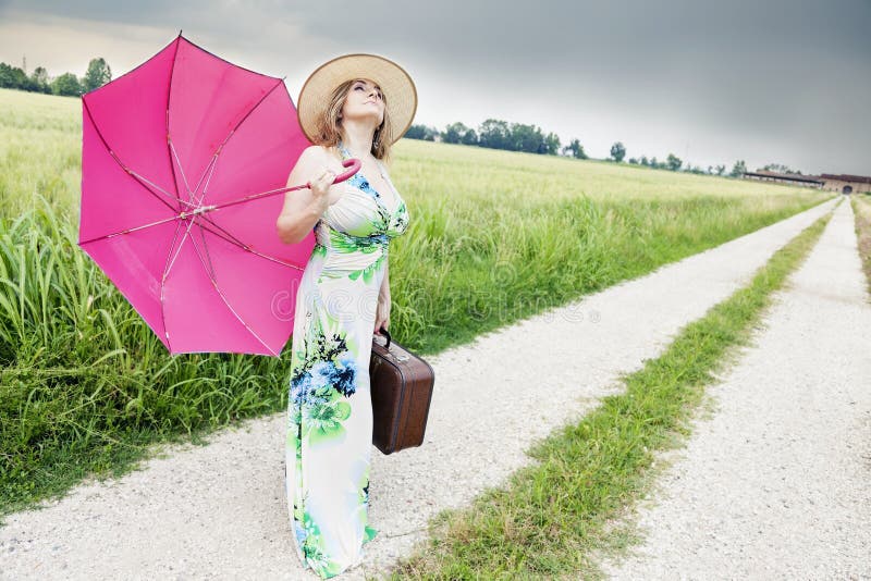 Beautiful Lady Walking on a Path in the Rain Stock Image - Image of ...
