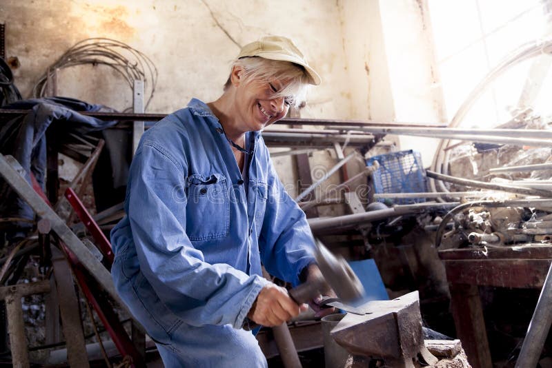 Beautiful Lady at Work in His Old Workshop Stock Photo - Image of bench ...