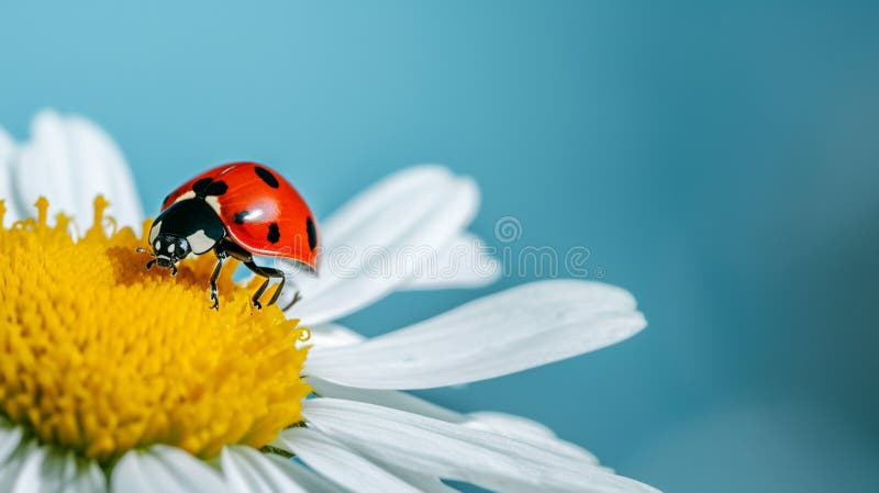 Beautiful Ladybug on Daisy Flower on Blue Sky Background.Macro Bugs and ...