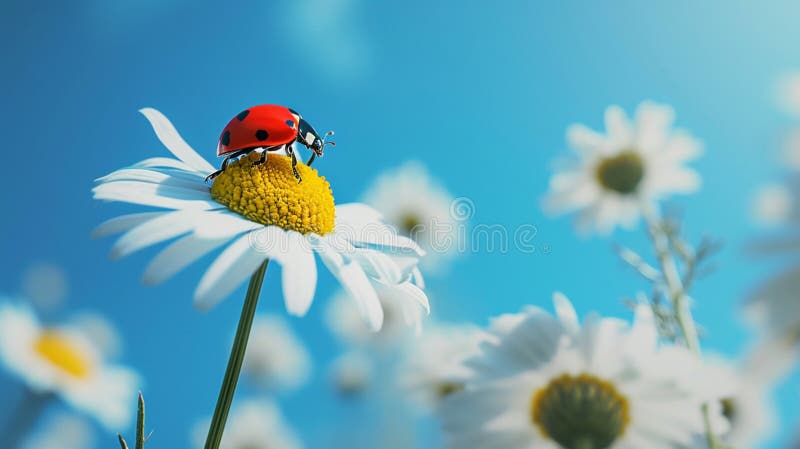 Beautiful Ladybug on Daisy Flower on Blue Sky Background.Macro Bugs and ...