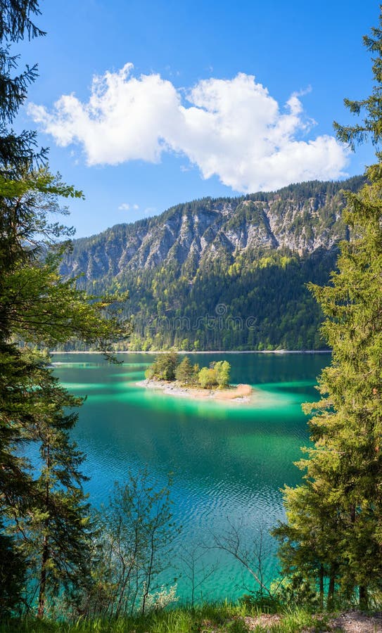 Beautiful Lake Eibsee with Island, View from Lakeside Walkway Stock ...