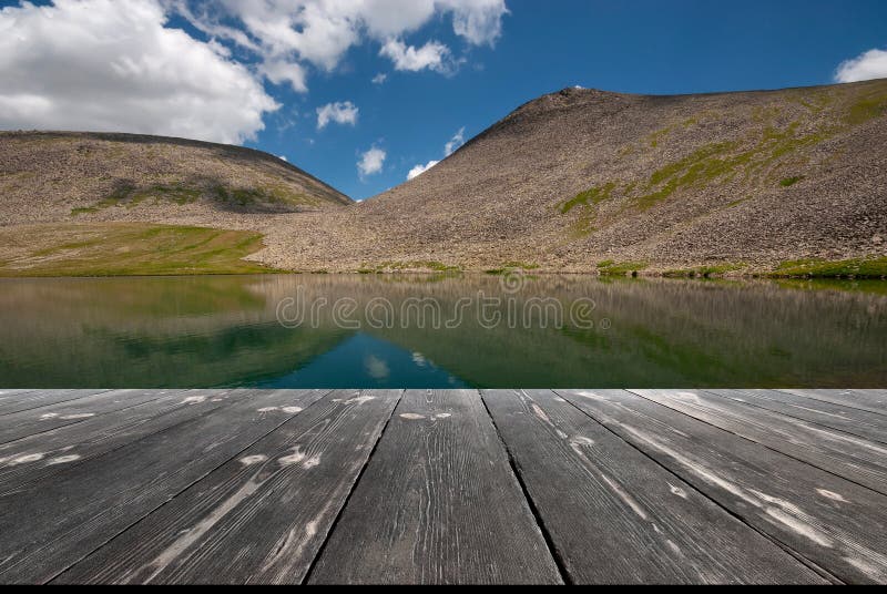 Beautiful Lake with Empty Wooden Table. Natural Template Landscape ...
