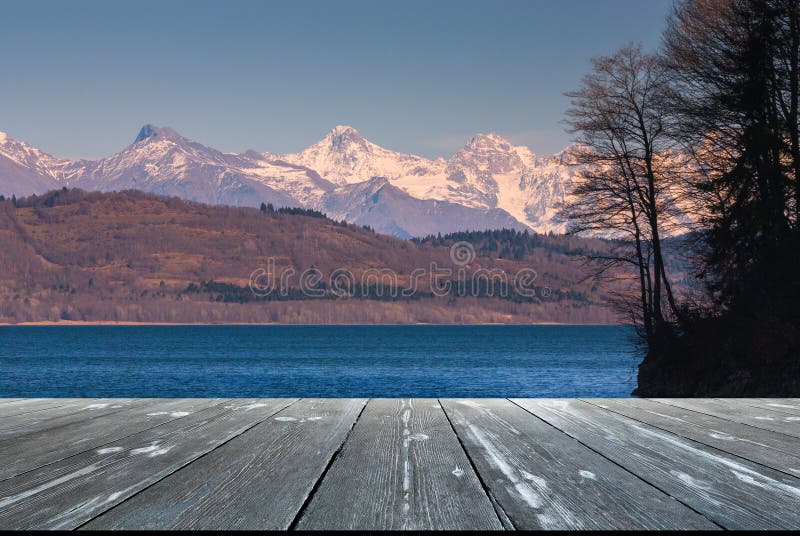 Beautiful Lake with Empty Wooden Table. Natural Template Landscape ...