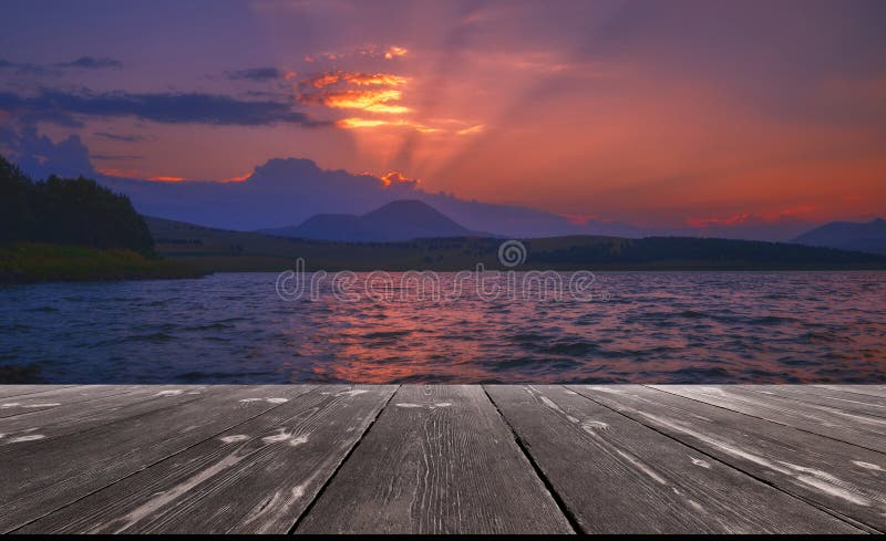 Beautiful Lake with Empty Wooden Table. Natural Template Landscape ...