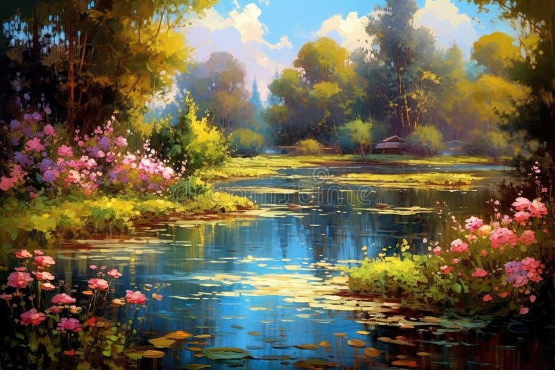 Beautiful Lake with Flowers Around it. Generative AI Stock Illustration ...