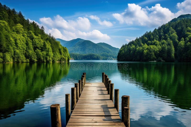 Beautiful Lake View with Wooden Dock and Mountains. Stock Illustration ...