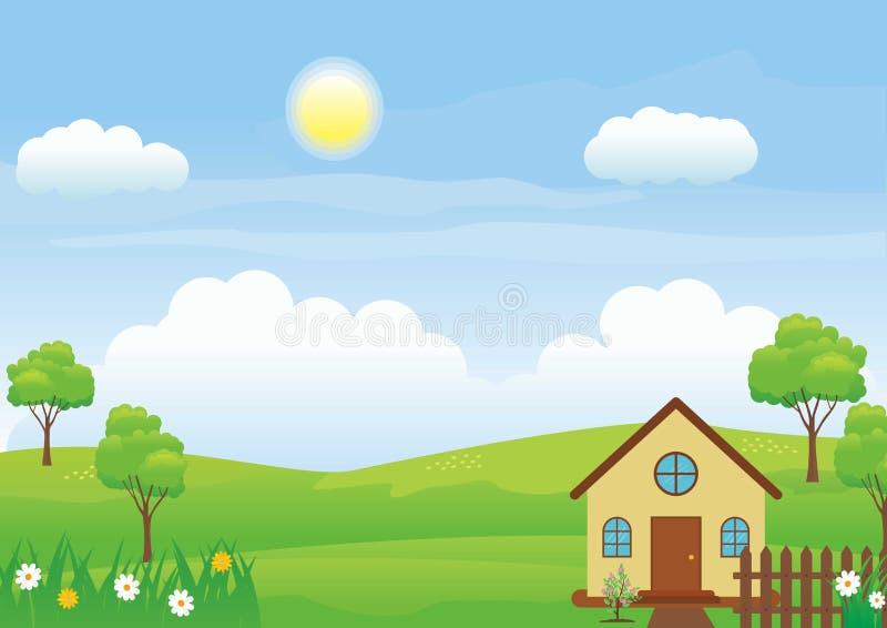 Beautiful Landscape Background with Green Meadow, Clouds, Tree and Home ... Beautiful Landscape Background with Green Meadow, Clouds, Tree and Home ...