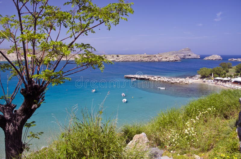 Beautiful Landscape with a Beach and a Tree in Rhodes Stock Image ...