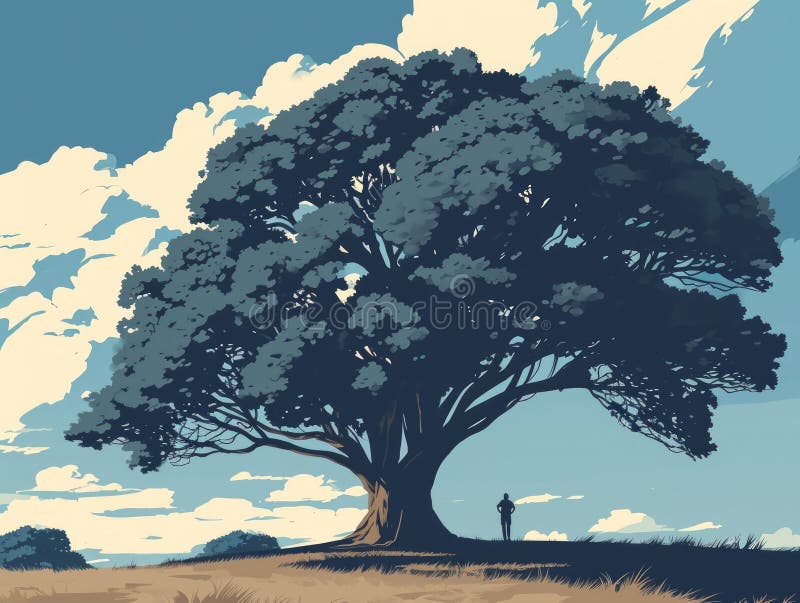 Beautiful Landscape with Big Tree and a Man. Illustration Stock ...