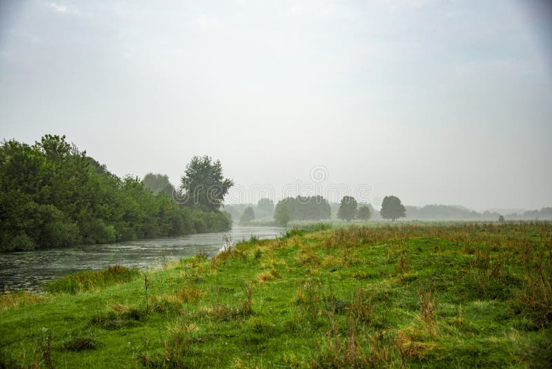 Beautiful Landscape with Blue Sky and Clouds Green Grass Field ...