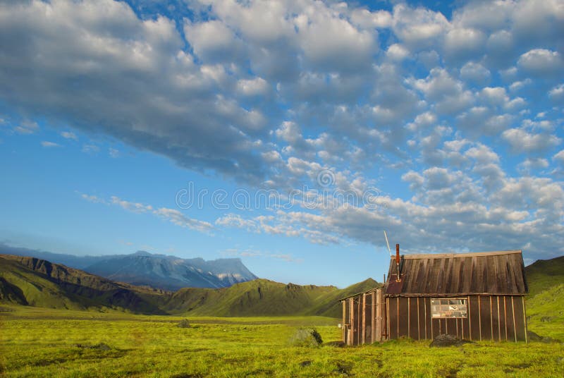 Beautiful Landscape of Blue Sky, Mountain and Rustic Lodge Stock Image ...
