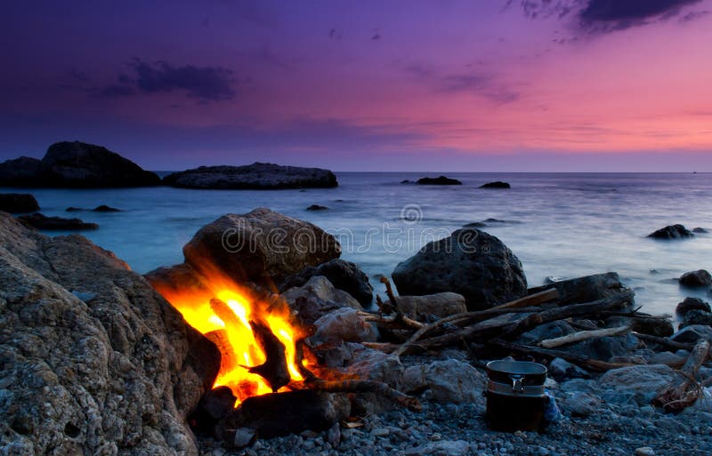 Beautiful Landscape with Bonfire on the Beach at Sunset Stock Photo ...