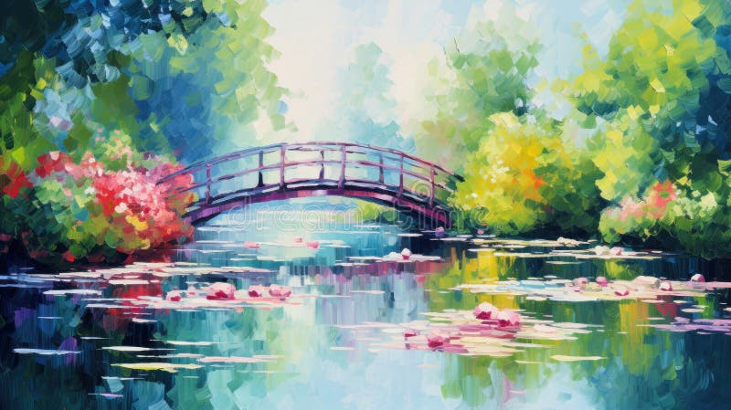 Beautiful Landscape with a Bridge Over Water in the Style of Monet ...