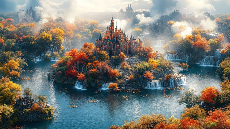 Beautiful Landscape with a Castle and a Waterfall Stock Image - Image ...
