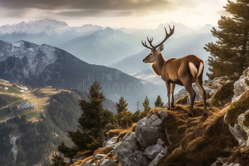 A Beautiful Landscape with a Deer Standing on a Cliff of a Mountain ...