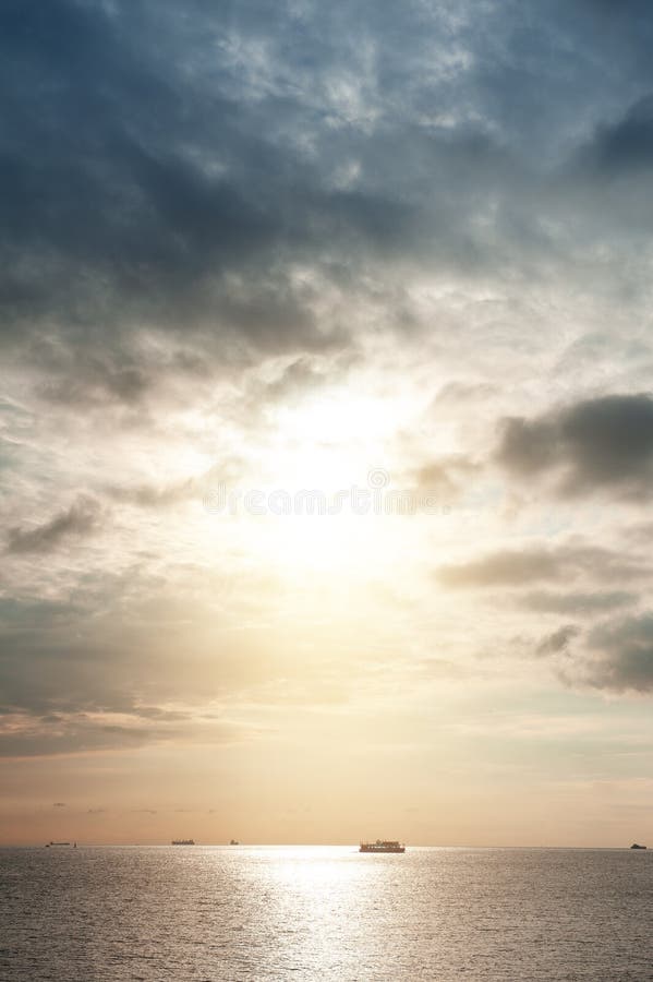 Beautiful Landscape with Dramatic Sky, Sea, Ship and Islands Stock ...
