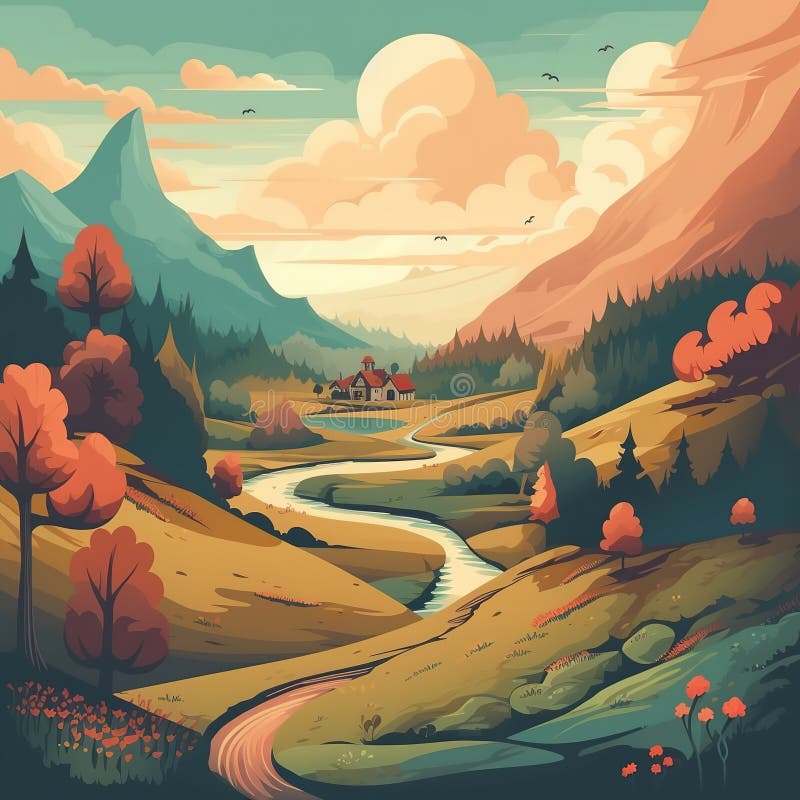Beautiful Landscape Drawings Generated by AI Stock Illustration ...