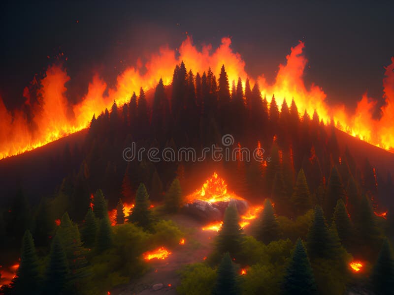 Beautiful Landscape with Fire Burning Mountains and Forest, AI ...
