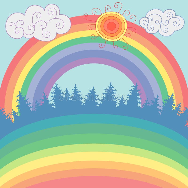 Beautiful Landscape with Forest, Rainbow, Sun in Cartoon Style Stock ...