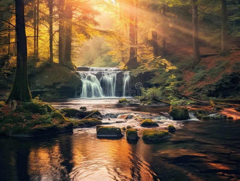 Beautiful Landscape of a Forest Waterfall. Sunlight Rays through Dense ...