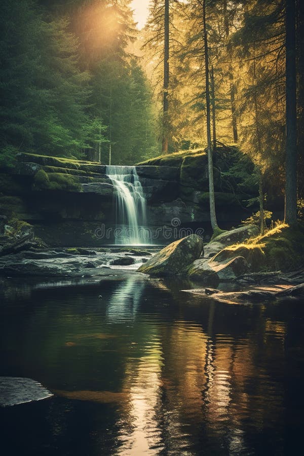 Beautiful Landscape of a Forest Waterfall. Sunlight Rays through Dense ...