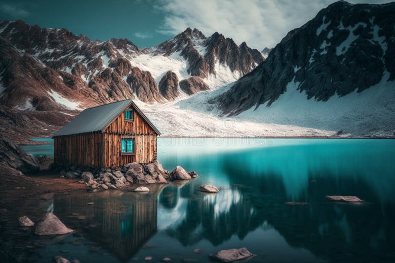Beautiful Landscape of a Hut on the Side of a Blue Lake , Generated by ...