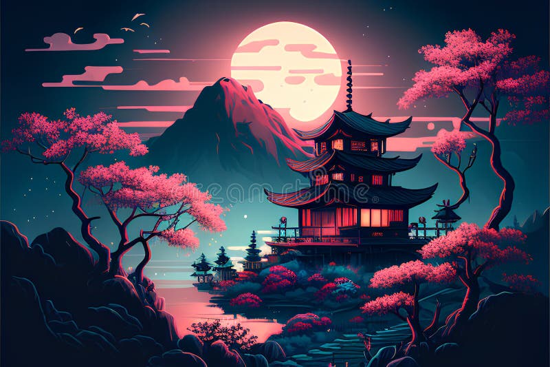Japanese Tree Moon Silhouette Stock Illustrations – 399 Japanese Tree ...