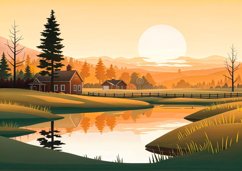Beautiful Landscape with a Lake and a Farm Vector Illustration Stock ...