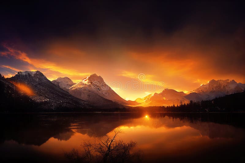 Beautiful Landscape with Mountains and Lake at Sunset. Digital Art ...