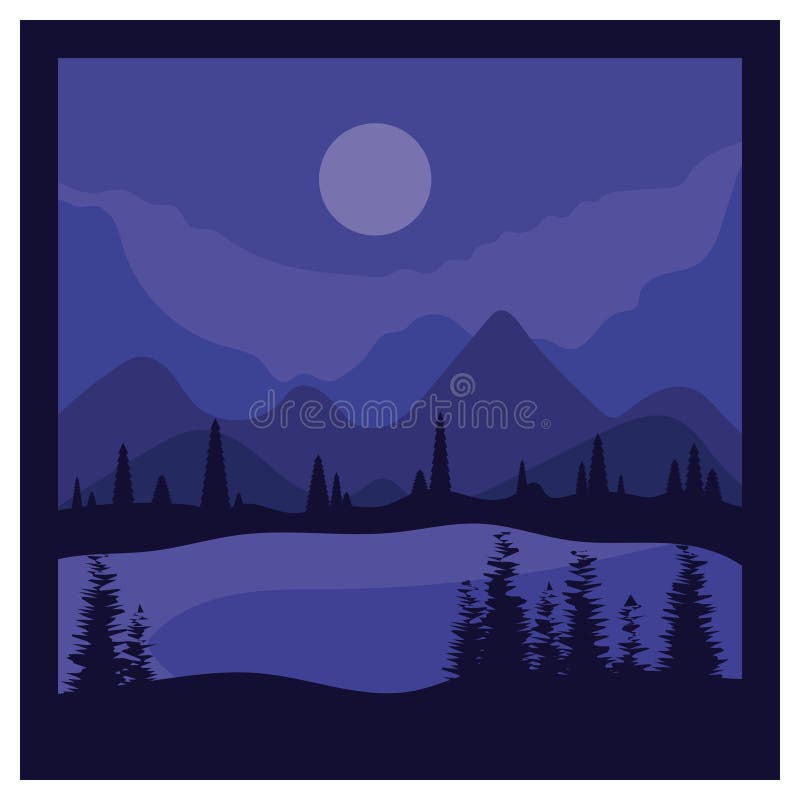 Beautiful Landscape of Mountains Pine Trees and Moon Stock Vector ...