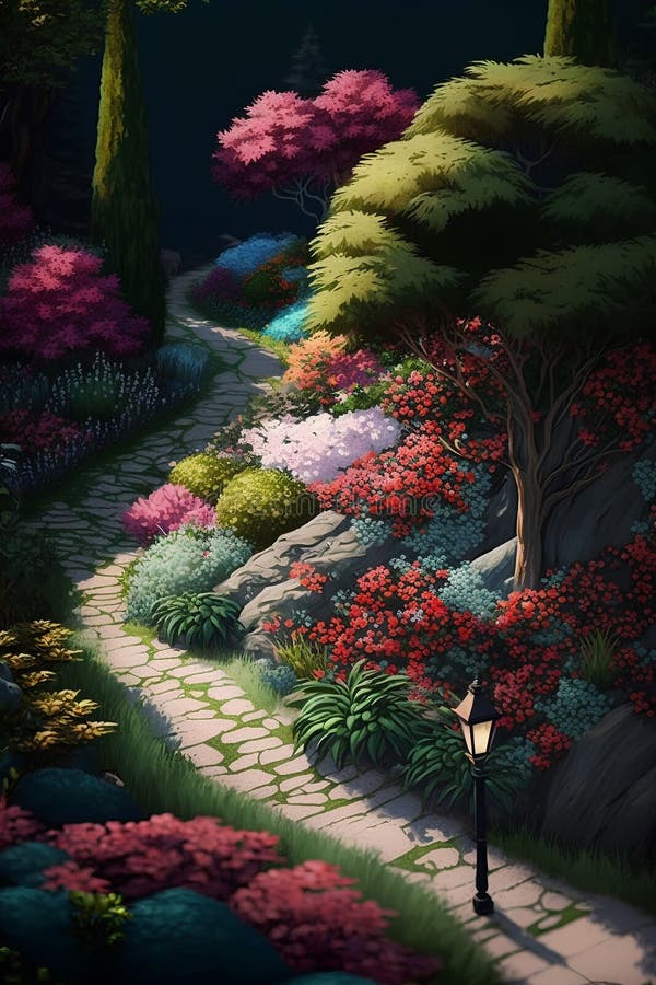 Beautiful Landscape in the Park with Path and Flowers,3d Render Stock ...