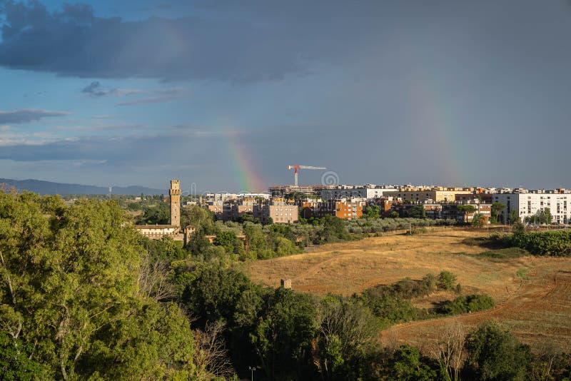 Beautiful Landscape with Rainbow and Old Castle in Rome, Italy Stock ...