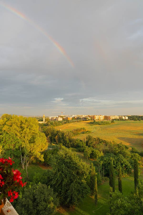 Beautiful Landscape with Rainbow and Old Castle in Rome, Italy Stock ...
