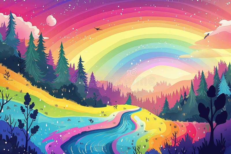 Beautiful Landscape with Rainbow River Flow Illustration Stock ...
