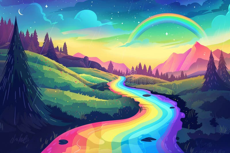 Beautiful Landscape with Rainbow River Flow Illustration Stock ...