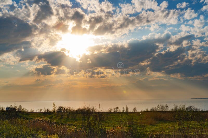 Beautiful Landscape, the Rays of the Evening Sun Burst through the ...