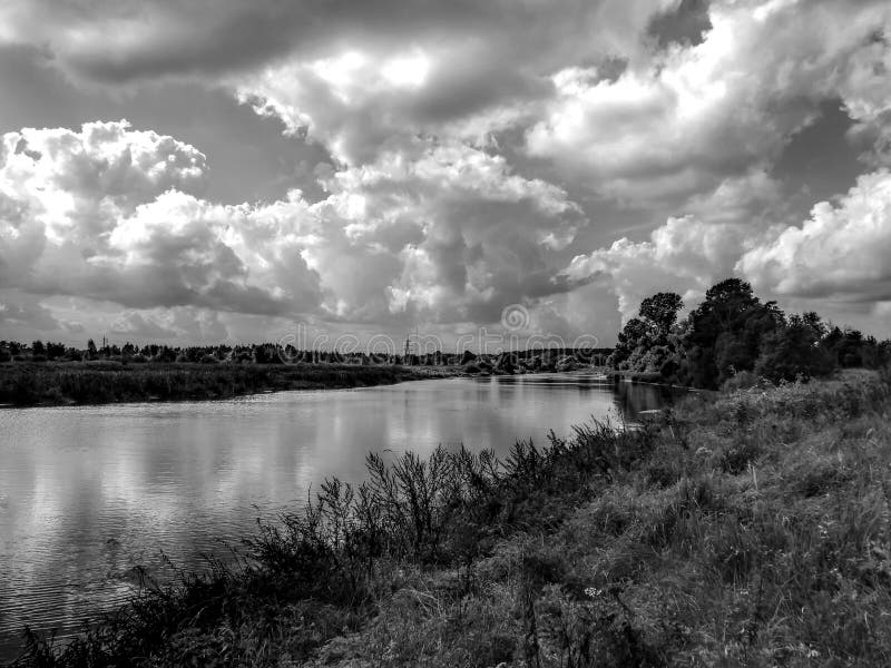 Beautiful Landscape On The River In Black And White Image Stock Image ...